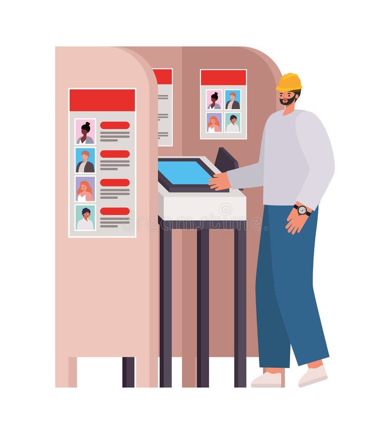 Man with Black Hair and Safety Helmet in a Voting Booth Stock Vector ...