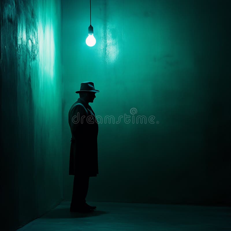 Man in Black Hat and Coat Standing in Dark Green Room Under a Light ...
