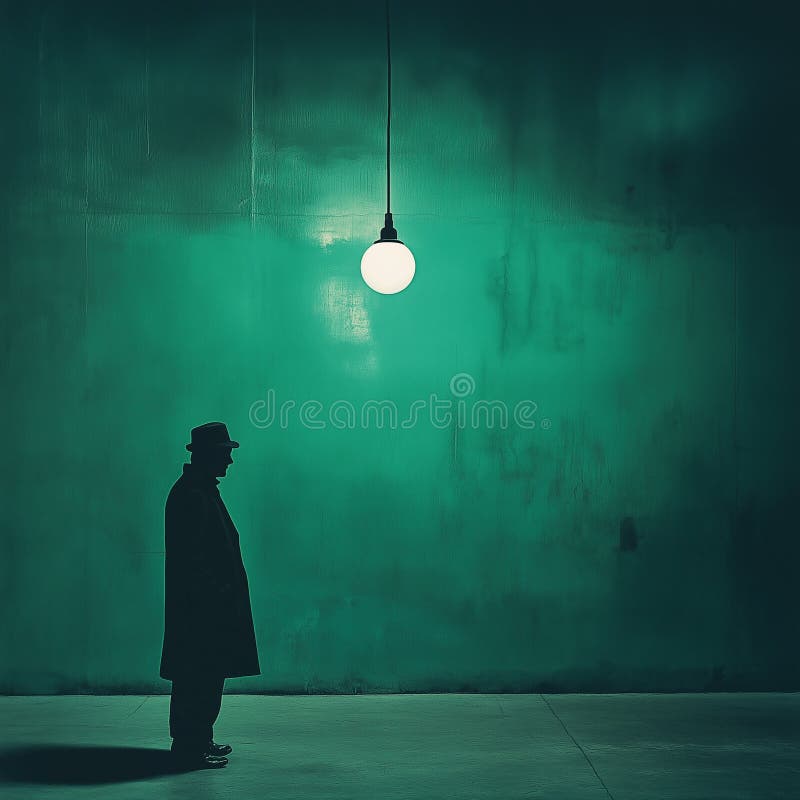 Man in Black Hat and Coat Standing in Dark Green Room Under a Light ...
