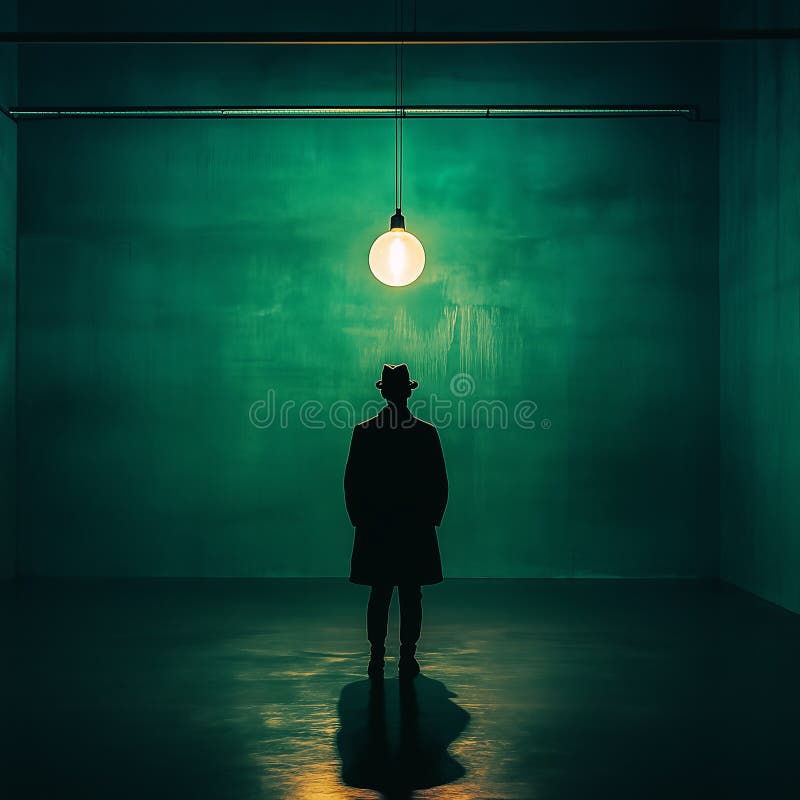 Man in Black Hat and Coat Standing in Dark Green Room Under a Light ...
