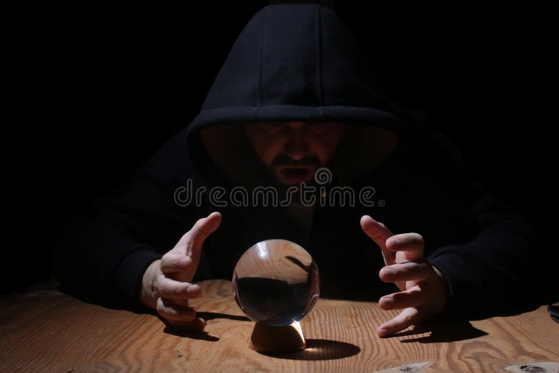 Man in a Black Hood with Cristal Ball Stock Image - Image of omen ...