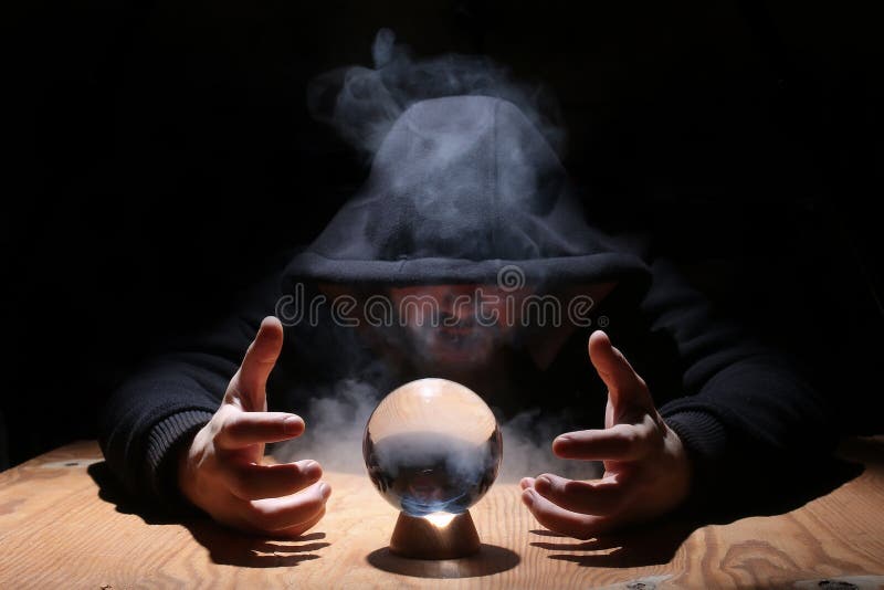 Man in a Black Hood with Cristal Ball Stock Image - Image of ball ...