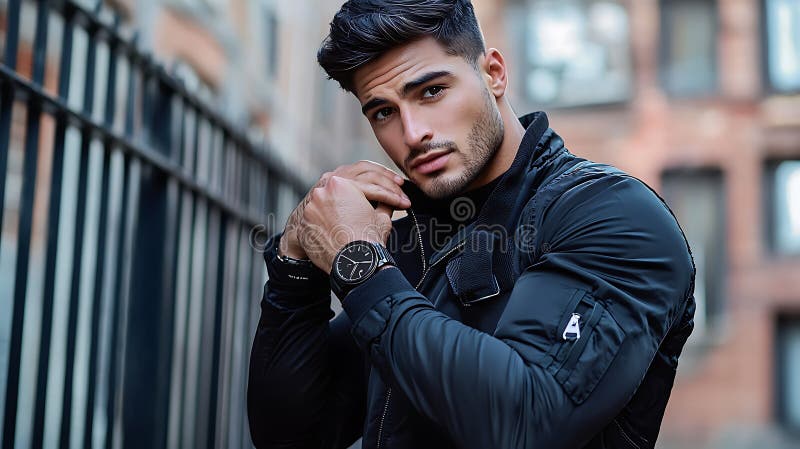 A Man in a Black Jacket and Watch is Posing for a Photo Stock Photo ...