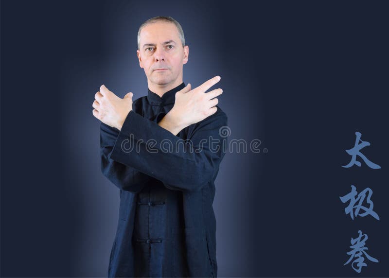 Man in Black Kimono, Running Moves of Tai Chi Stock Image - Image of ...