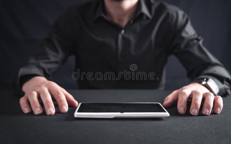 Man in Black Office Desk with a Tablet Computer Stock Photo - Image of ...