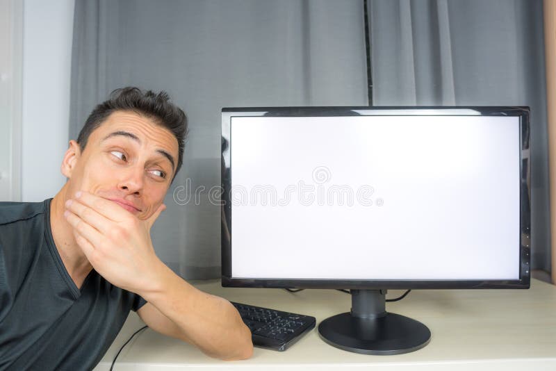 Man Pointing at a Computer Screen Stock Photo - Image of show, husband ...