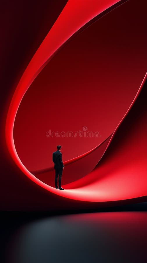 Man in Black Suit Exploring Abstract Red Curved Architecture Stock ...