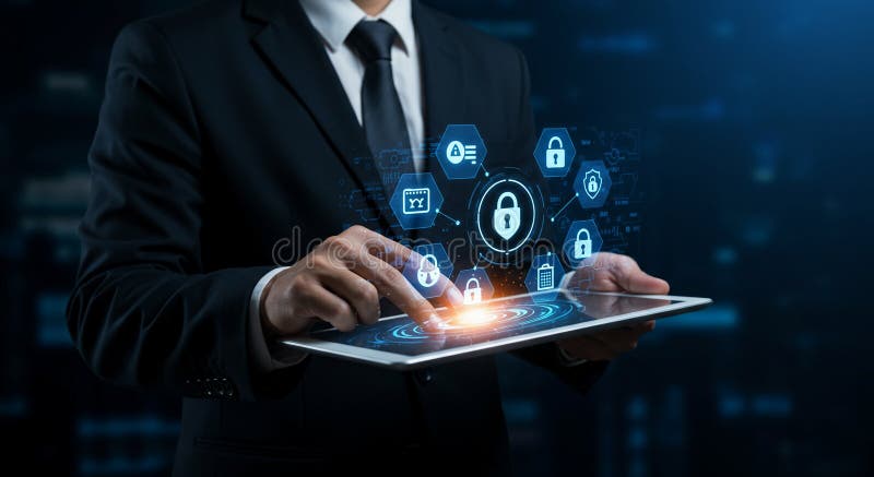 Man in Black Suit Using Tablet with Digital Security Icons in Tech ...
