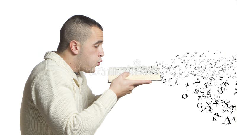 Mature Man Blowing Dust Off an Old Book Stock Image - Image of ...