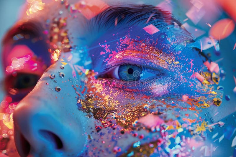 A Man with Blue Eyes is Completely Covered in Colorful Confetti, Merge ...