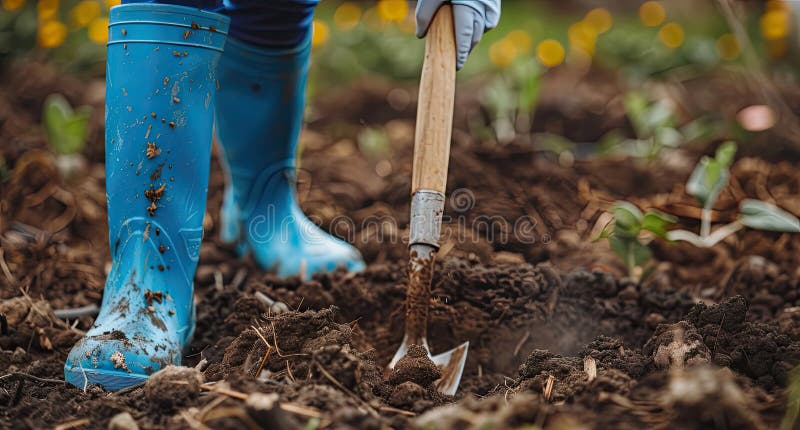 A Man in Blue Rubber Boots is Digging a Garden in Spring with a Shovel ...