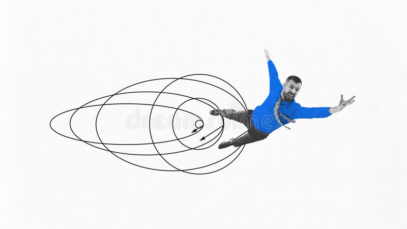 Man in Blue Shirt Floating Joyfully within Spiraling Vortex of Black ...