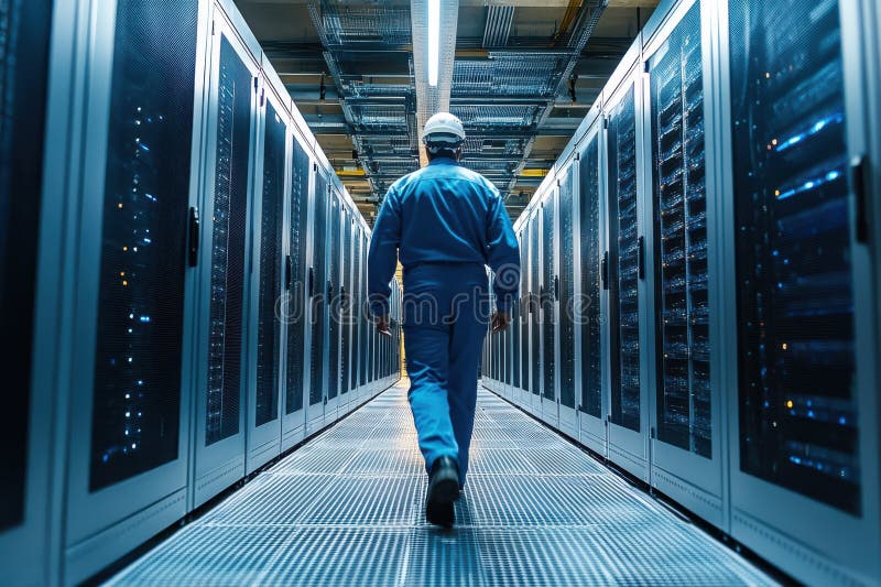 A Man in a Blue Shirt and Hard Hat Walks Down a Hallway of Computer ...
