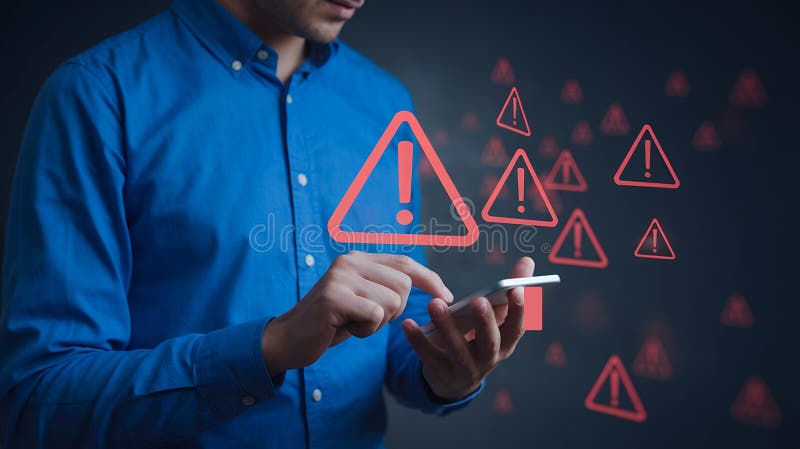Man in Blue Shirt Using Smartphone with Red Warning Icons Indicating ...