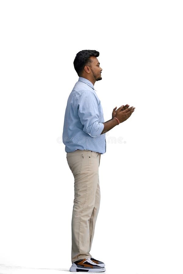Man Blue Shirt White Background Full Height Claps Profile Stock Photos ...