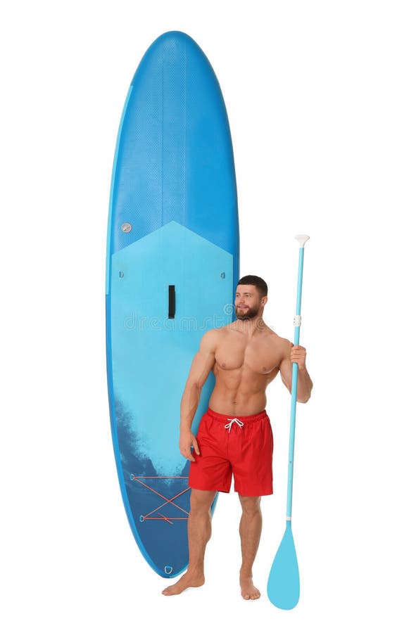 Happy Man with Blue SUP Board and Paddle on White Background Stock ...