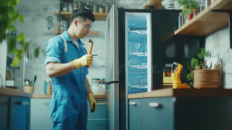 Man in a Blue Uniform is Cleaning a Refrigerator. the Refrigerator is ...