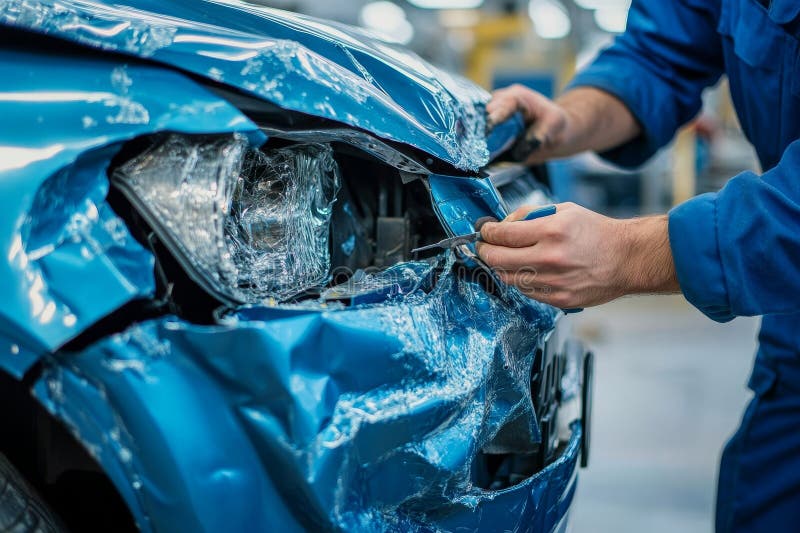 Man in Blue Uniform Repairs Damaged Blue Car after Collision in Garage ...