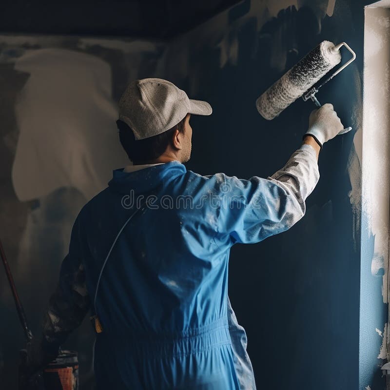 A Man in Blue Work Clothes Paints a Wall, the Work of a House Painter ...