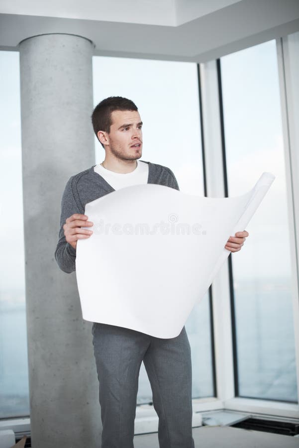 Man, Blueprint and Ideas with Construction Site, Engineering and ...