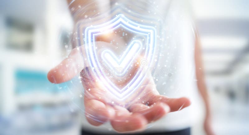 Man Using Digital Shield Protection Blue Holographic Interface 3D ...