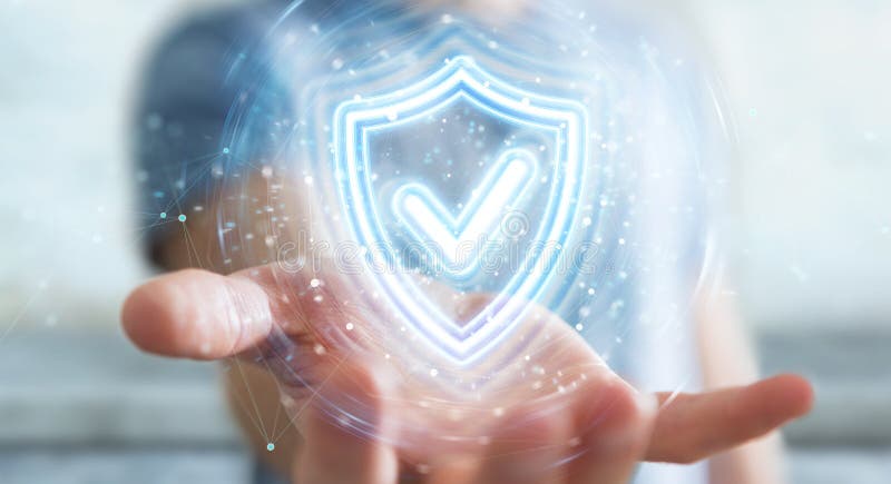 Man Using Digital Shield Protection Blue Holographic Interface 3D ...
