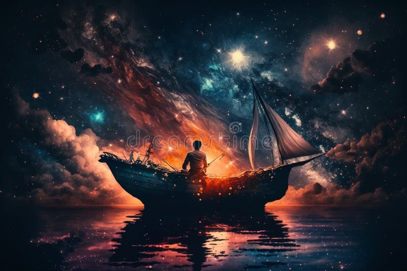 A Man on a Boat in Outer Space Surrounded by Stars, Clouds, and Both ...