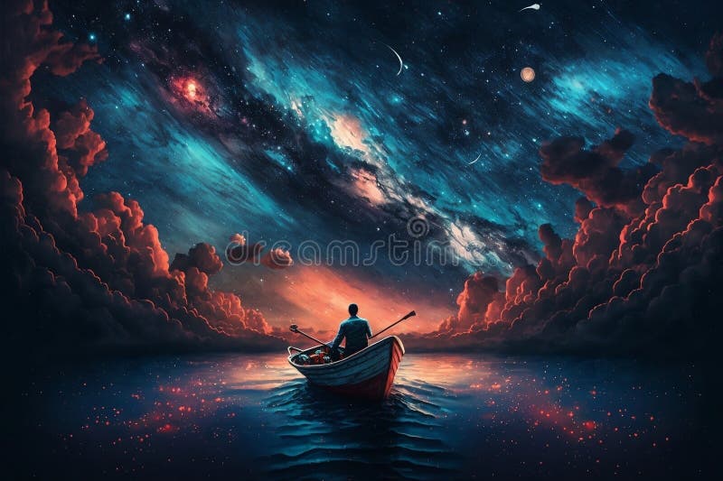 A Man on a Boat in Outer Space Surrounded by Stars, Clouds, and Both ...