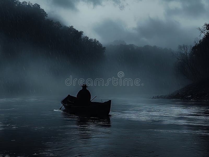 A Man in a Boat on a River in the Rain Stock Image - Image of fisherman ...