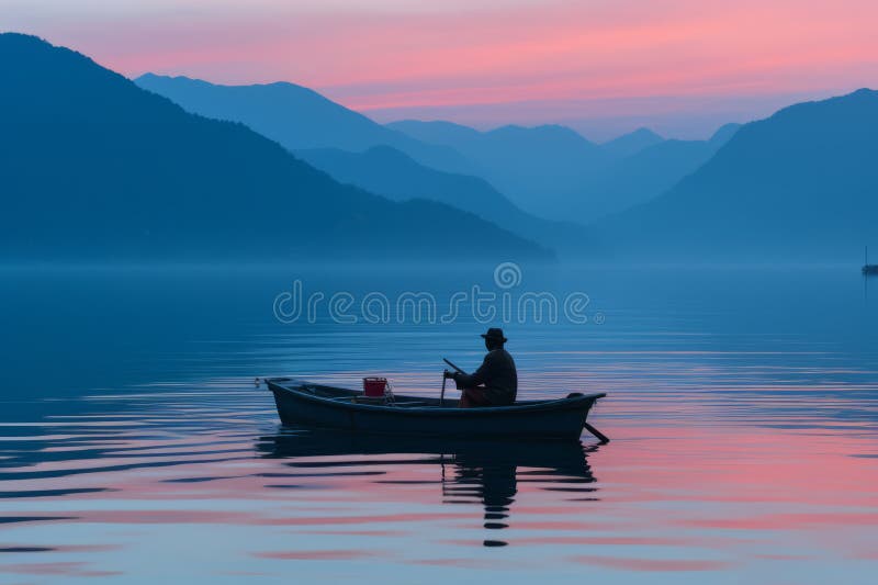 A Man in a Boat on the Water at Sunset Stock Illustration ...