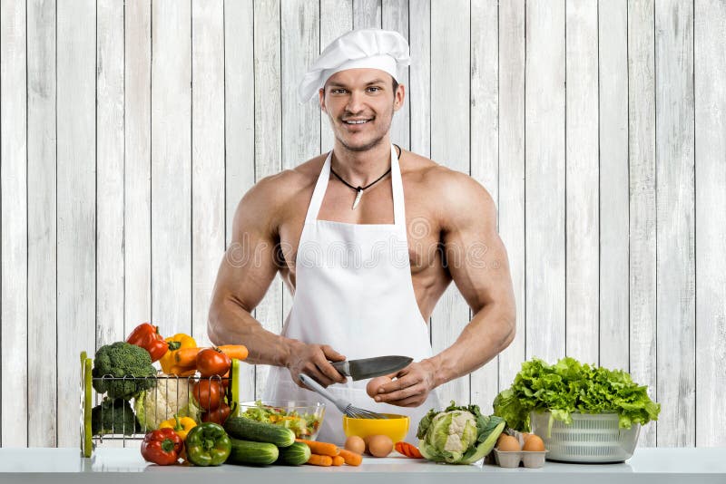 Man Bodybuilder Cooking on Kitchen Stock Image - Image of fitness ...