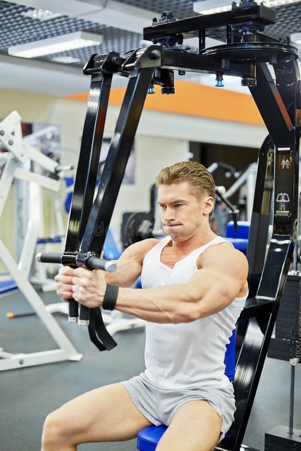 Man Bodybuilder Does Shoulders Exercises in Gym Stock Photo - Image of ...