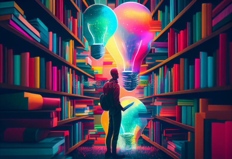Man with Book and Lightbulb Looking for Knowledge on Library with ...