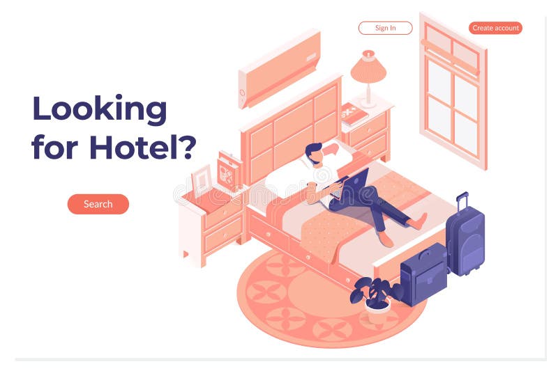 Man Booking Hotel Reservation on Digital Tablet.Vector Isometric Hotel ...