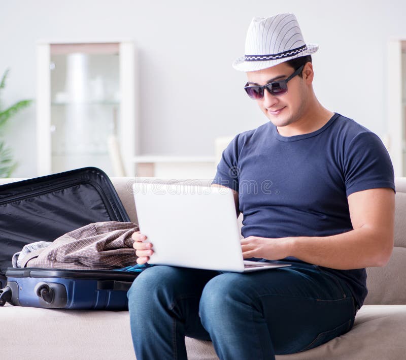 Man Booking Online His Travel Flight and Hotel Stock Photo - Image of ...