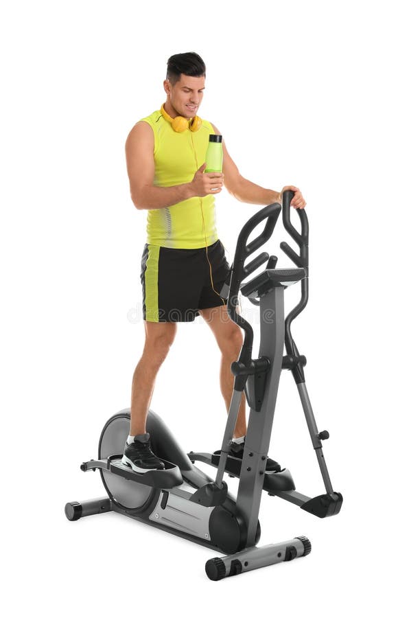 Man with Bottle on Modern Elliptical Machine Against White Background ...