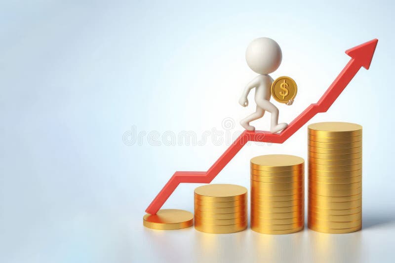 A Man Bouncing Up a Growing Chart Consisting of Gold Coins. Space for ...