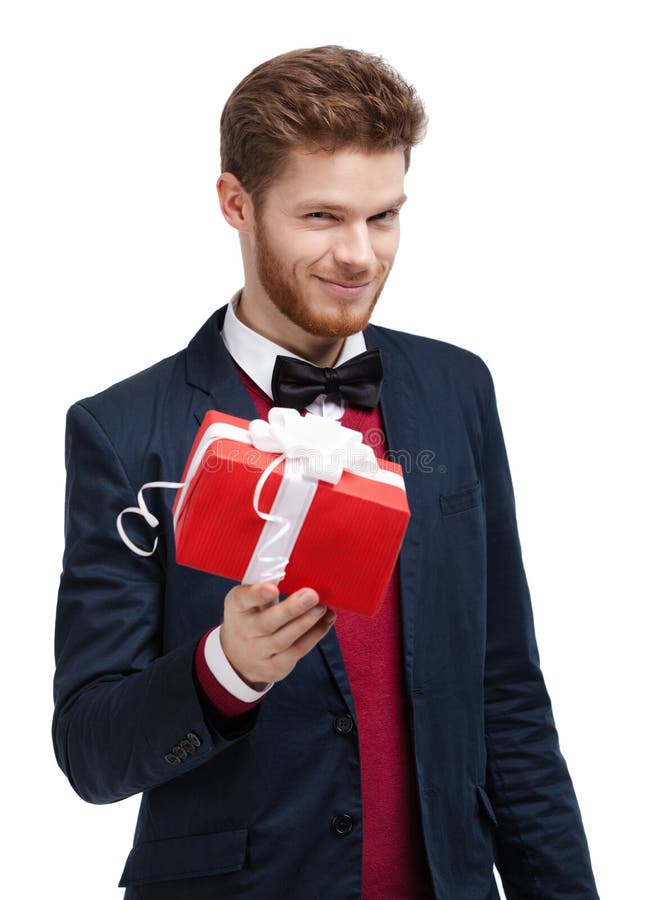 Man in Bow Tie Offers a Present Stock Image - Image of congratulation ...