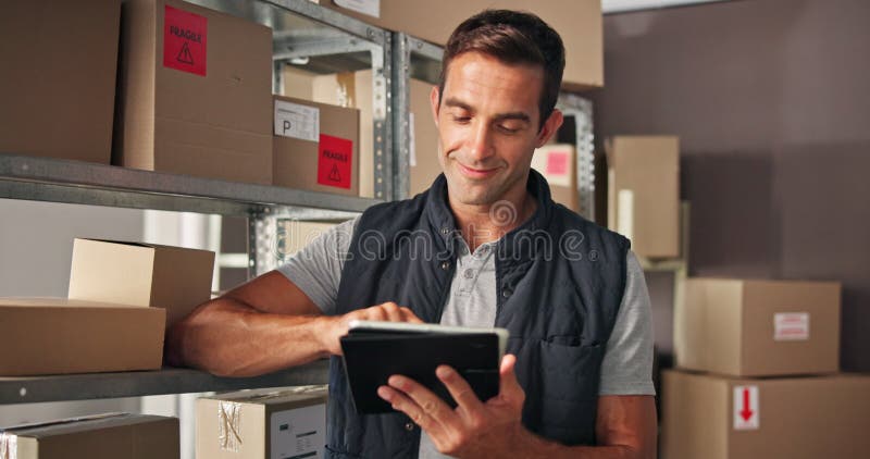 Man, Boxes and Checklist with Tablet for Distribution, Order Inspection ...