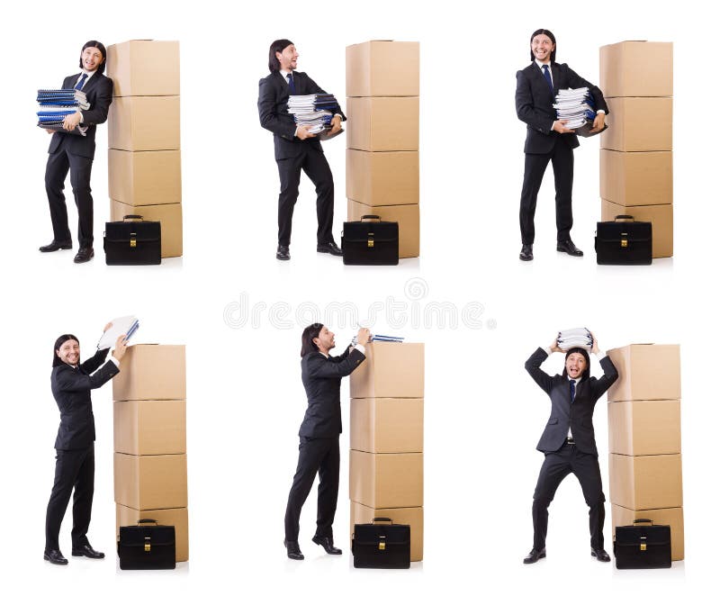 Man with Boxes Full of Work Stock Image - Image of poses, shipment ...