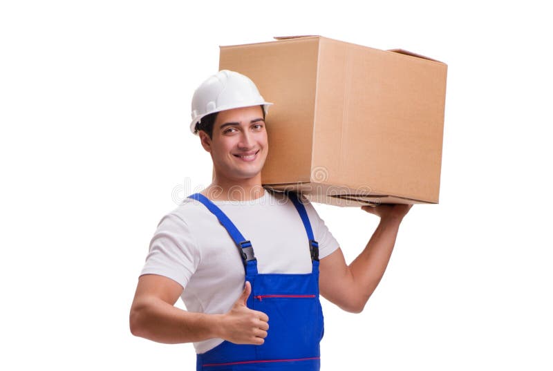 Man with Boxes Isolated on White Stock Image - Image of hardhat ...