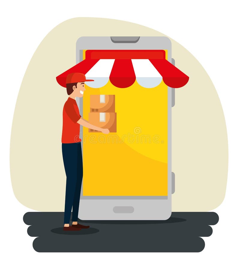 Man with Boxes Packages and Smartphone Service Stock Illustration ...