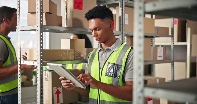 Man, Boxes and Quality Control with Tablet for Distribution, Order ...