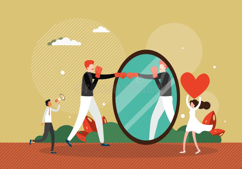 Man Boxing with His Reflection in Mirror, Flat Vector Illustration ...