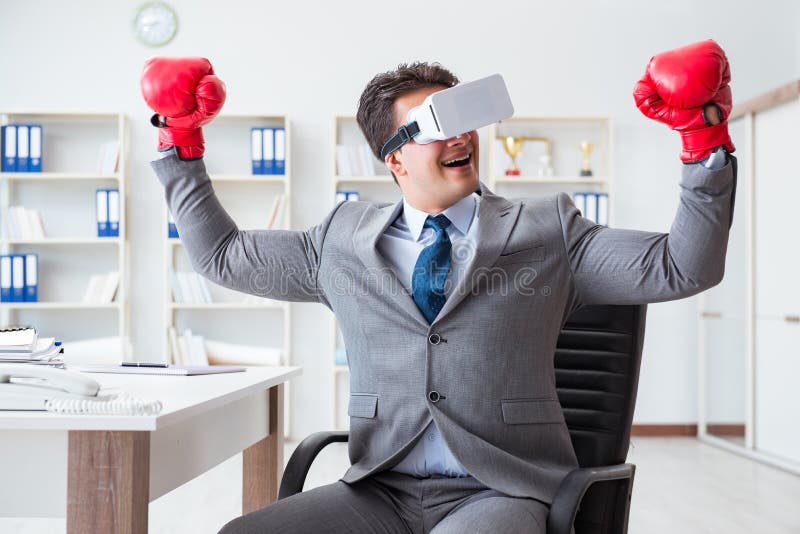 The Man Boxing in the Office with Virtual Reality Goggles Stock Photo ...