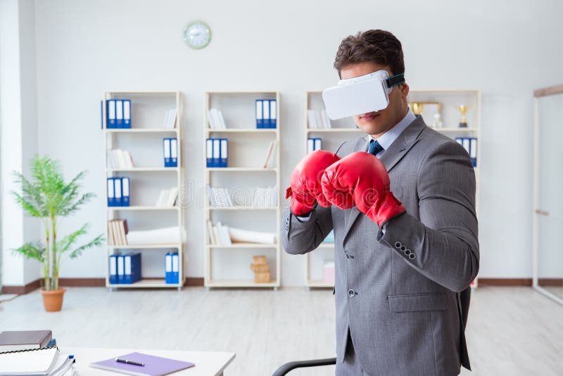The Man Boxing in the Office with Virtual Reality Goggles Stock Photo ...