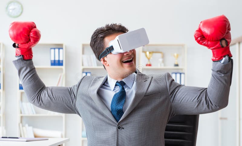 Man Boxing in the Office with Virtual Reality Goggles Stock Image ...