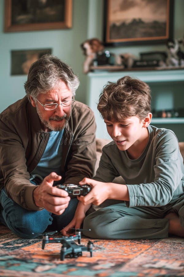 A Man and a Boy are Playing with a Remote Control Drone Stock ...