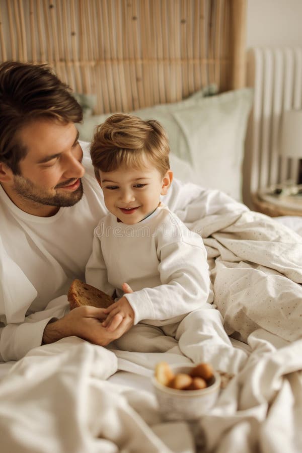 A Man and a Boy are Sitting on a Bed with a Sandwich Stock Illustration ...