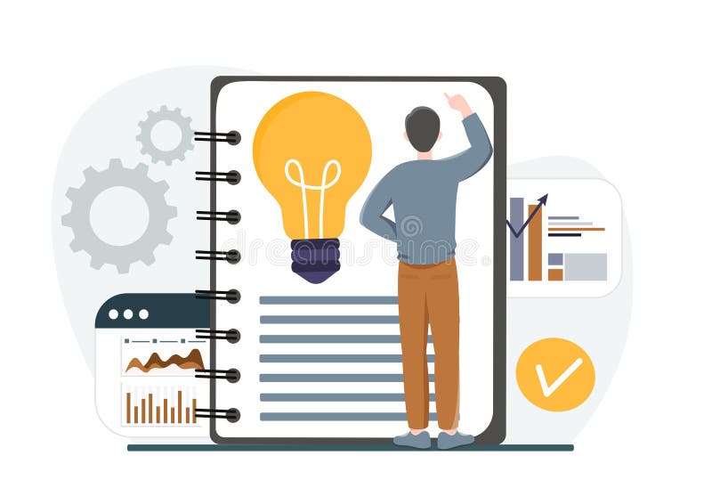 Man Brainstorming with Big Notebook Idea.. Vector Illustration Stock ...
